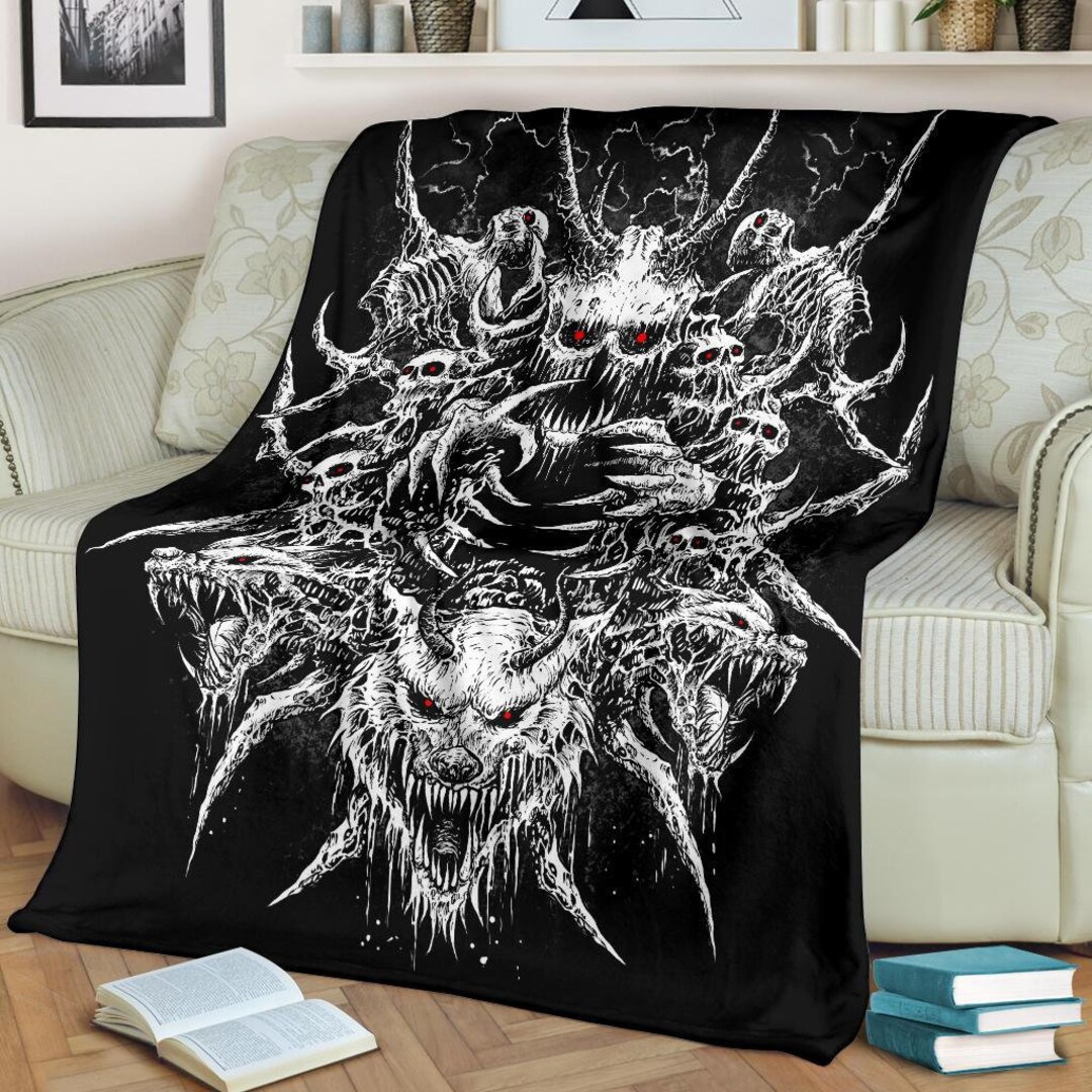 Skull Demon Wolf Black and White Red Eye Version-skull Wolf Blanket ...