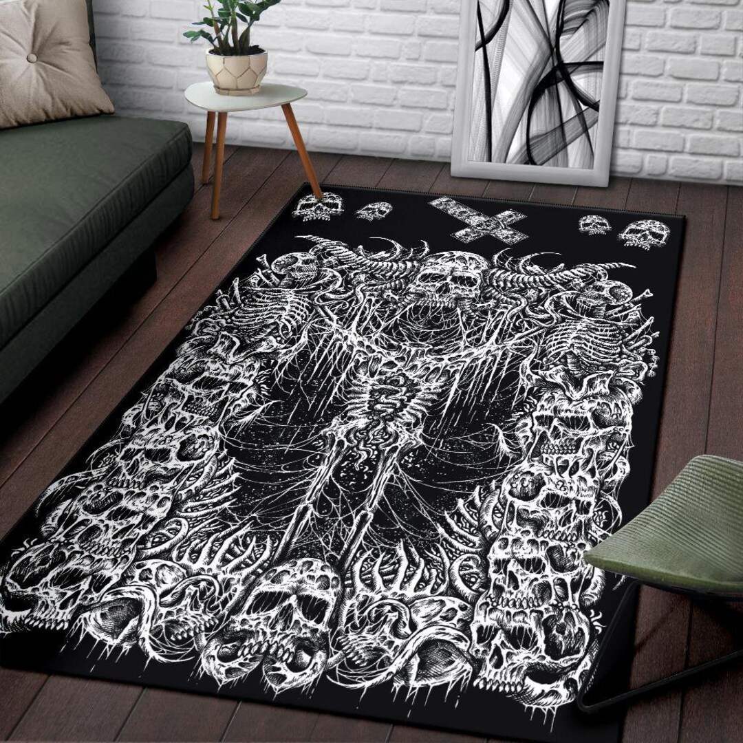 Skull Demon Horn With Headless Skeleton and Inverted Cross Area Rug ...