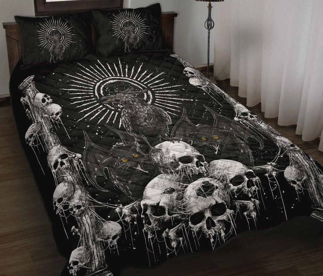 Skull Goth Occult Crow Bat Wing Demon Cat Quilt 3 Piece Set-gothic ...