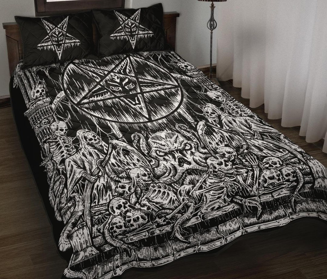 Skull Skeleton Satanic Pentagram Shrine Quilt 3 Piece Bed Set-satanic ...