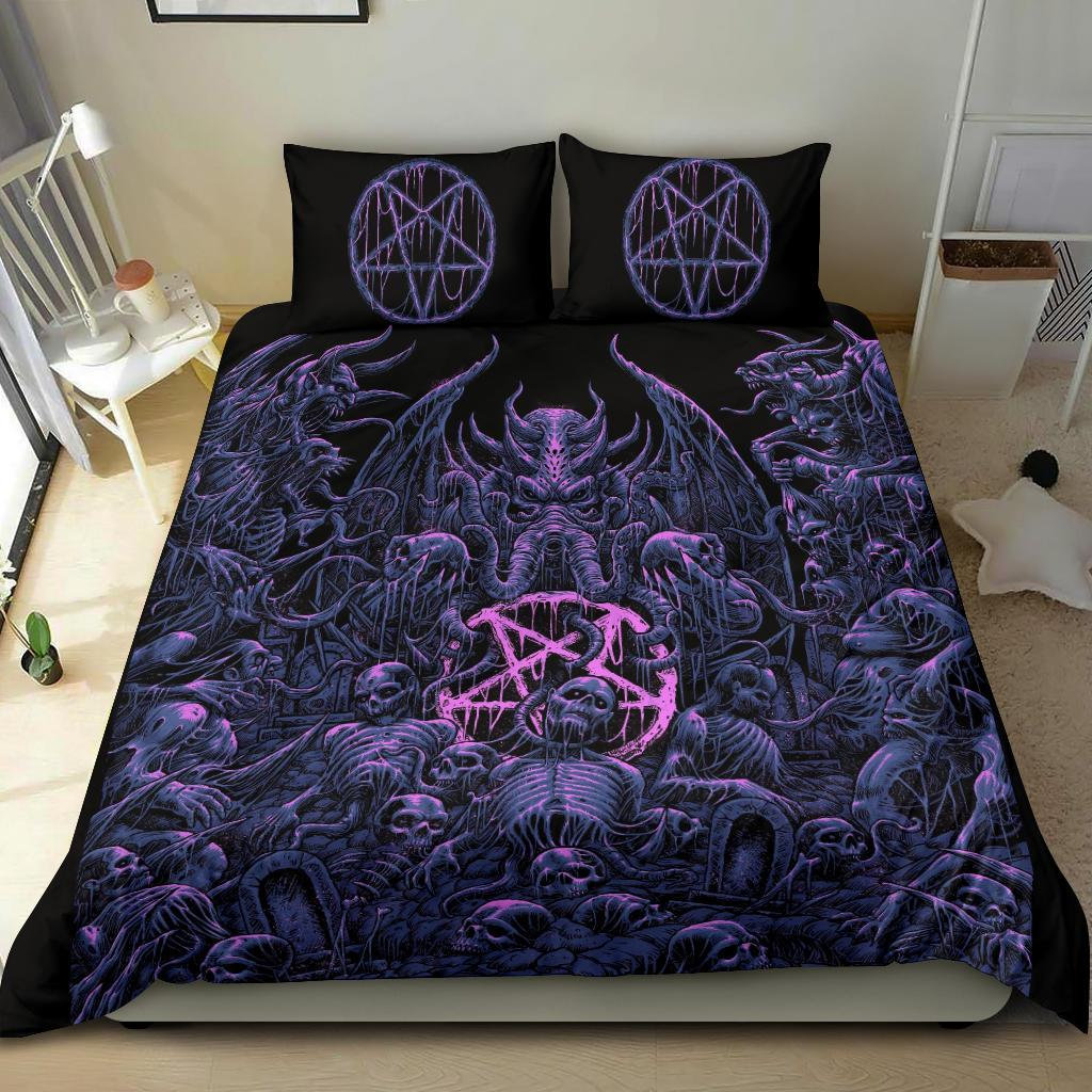 Skull Demon Satanic Pentagram Cthulhu 3 Piece Duvet Set Night Blue Pink ...