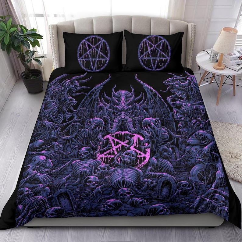 Skull Demon Satanic Pentagram Cthulhu 3 Piece Duvet Set Night Blue Pink ...