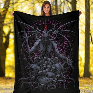 Skull Batwing Baphomet Blanket Night Blue Pink-baphomet Blanket-satanic ...