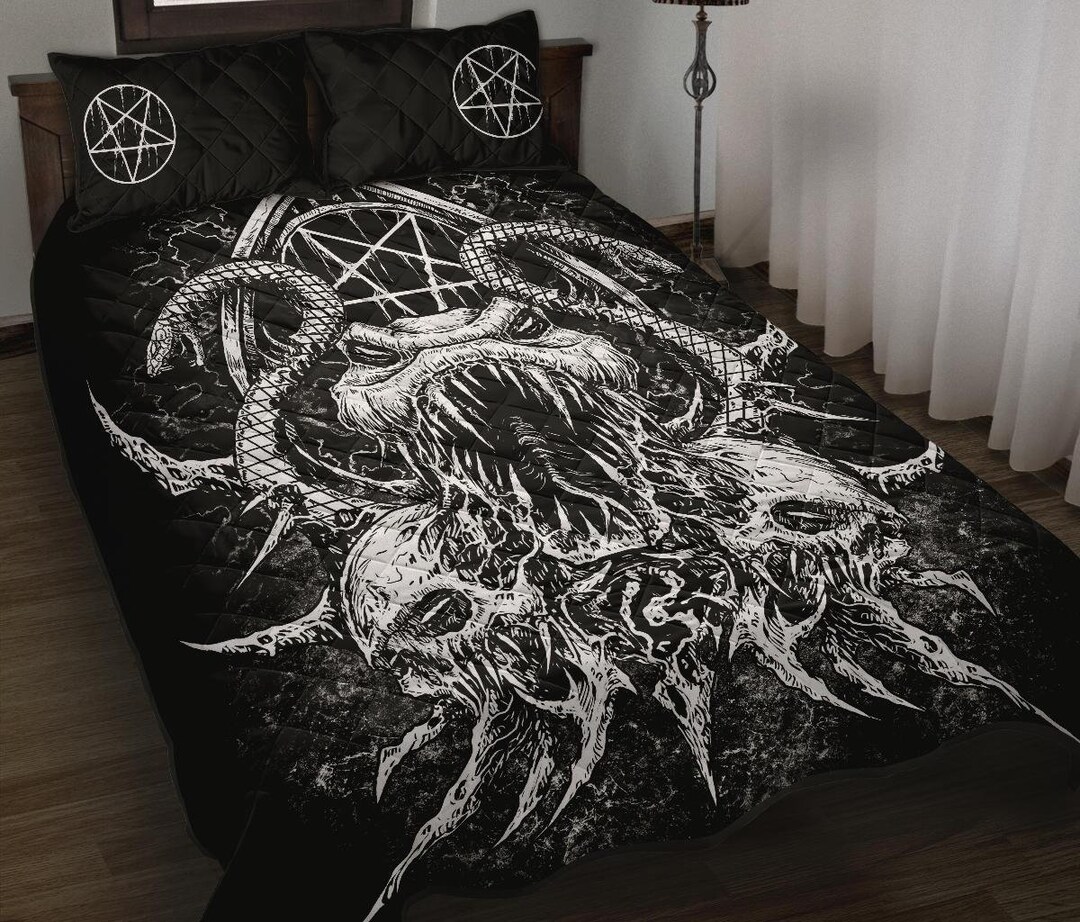 Skull Satanic Pentagram Serpent Demon Quilt 3 Piece Bed Set Black and ...