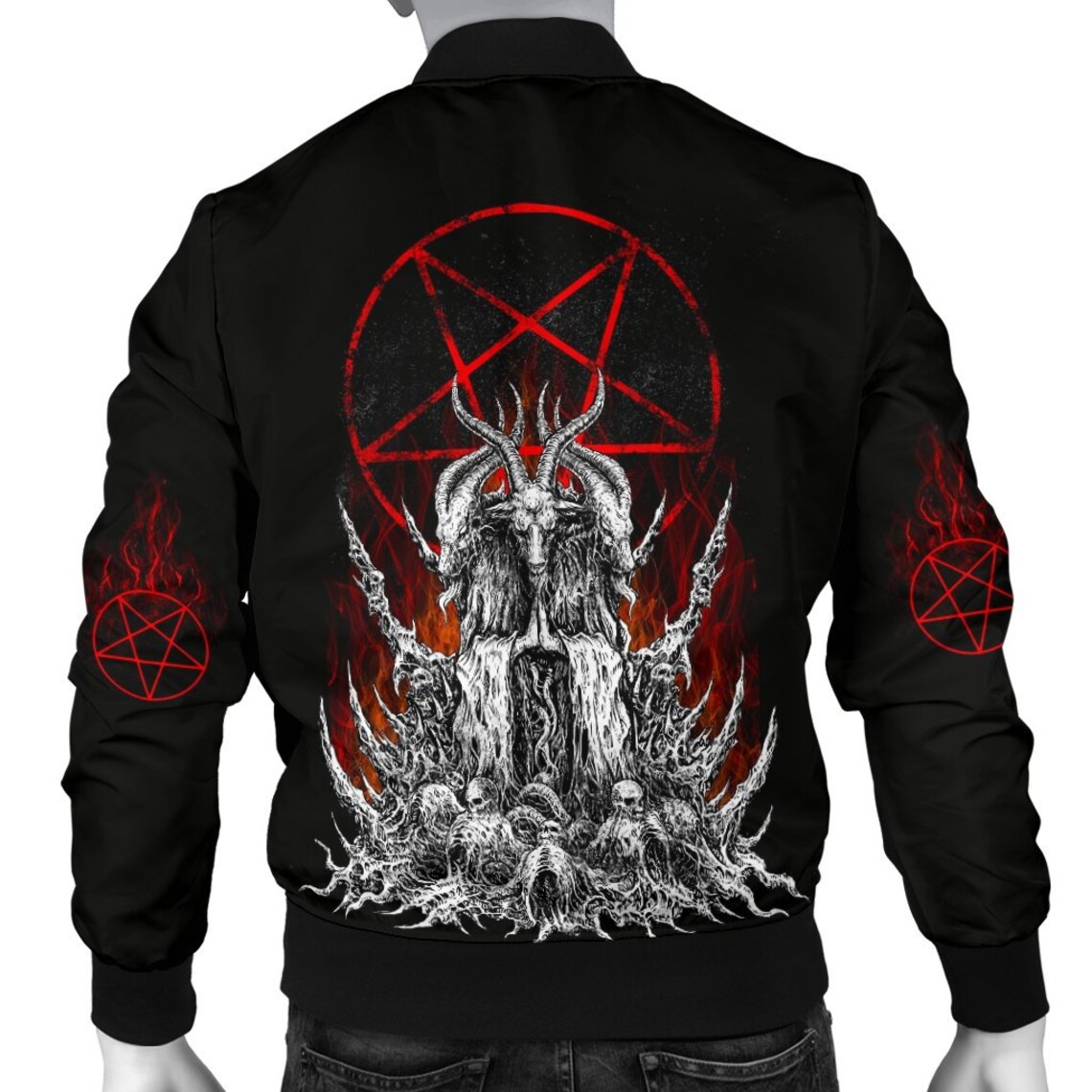 Skull Satanic Goat Satanic Pentagram Flame Jacket Plain Black | Etsy