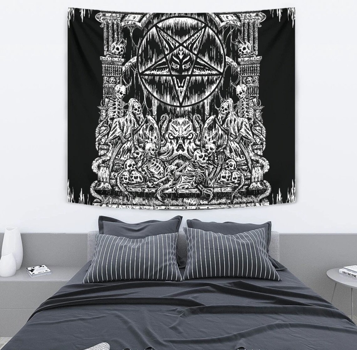 Skull Satanic Pentagram Shrine Huge Wall Tapestry-satanic Wall - Etsy