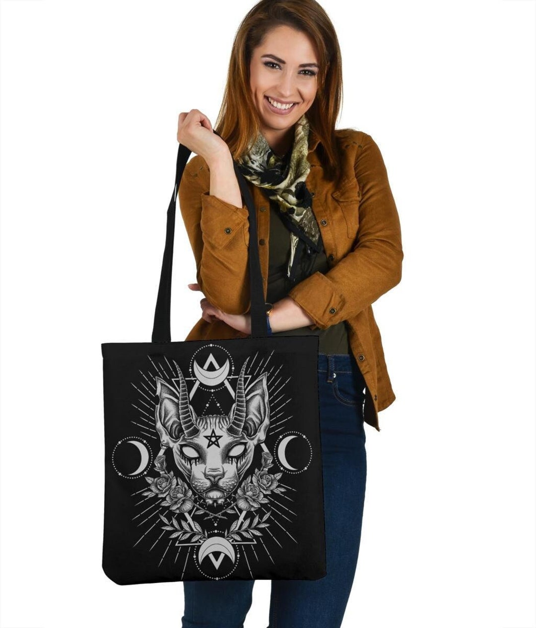 Gothic Occult Black Cat Unique Sphinx Style Large Tote Bag Awesome ...