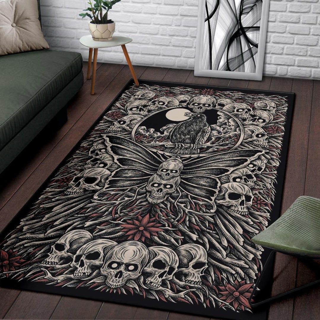 Skull Occult Raven Crow Moth Area Rug Color Version-skull Rugs-occult ...