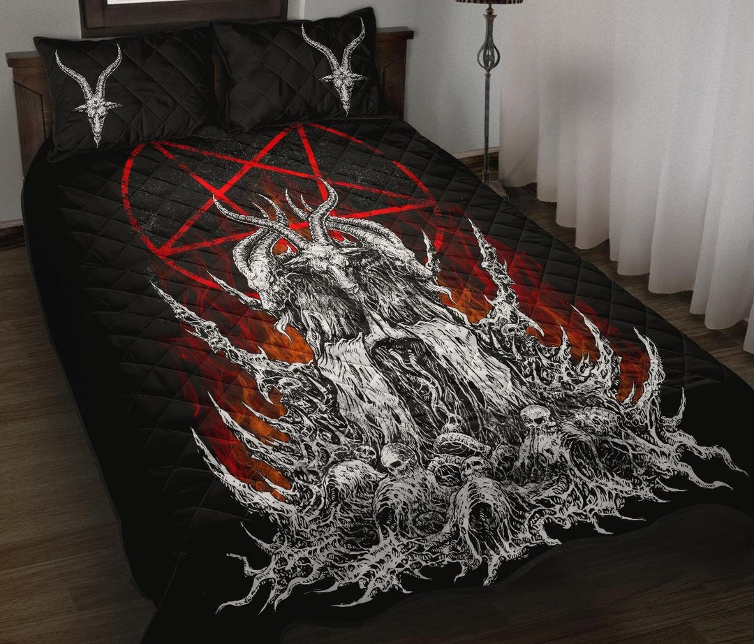 Skull Satanic Goat Satanic Pentagram Flame Quilt 3 Piece Set Large ...