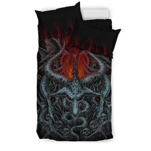 Skull Satanic Goat Winged Demon Flame 3 Piece Duvet Set Red Flame ...