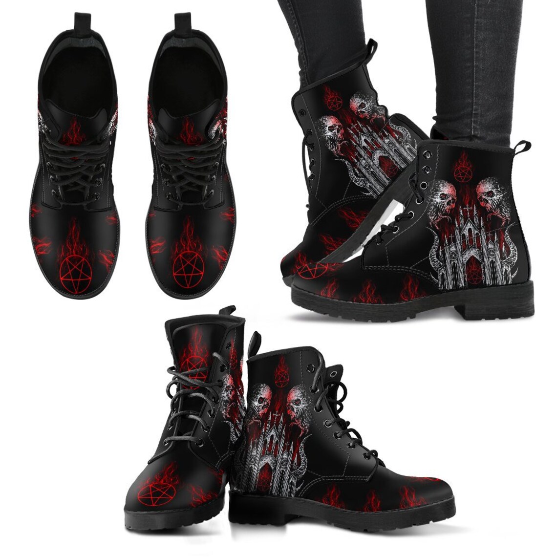 Skull Demon Satanic Pentagram Church Flame Leather Boots-Skull | Etsy