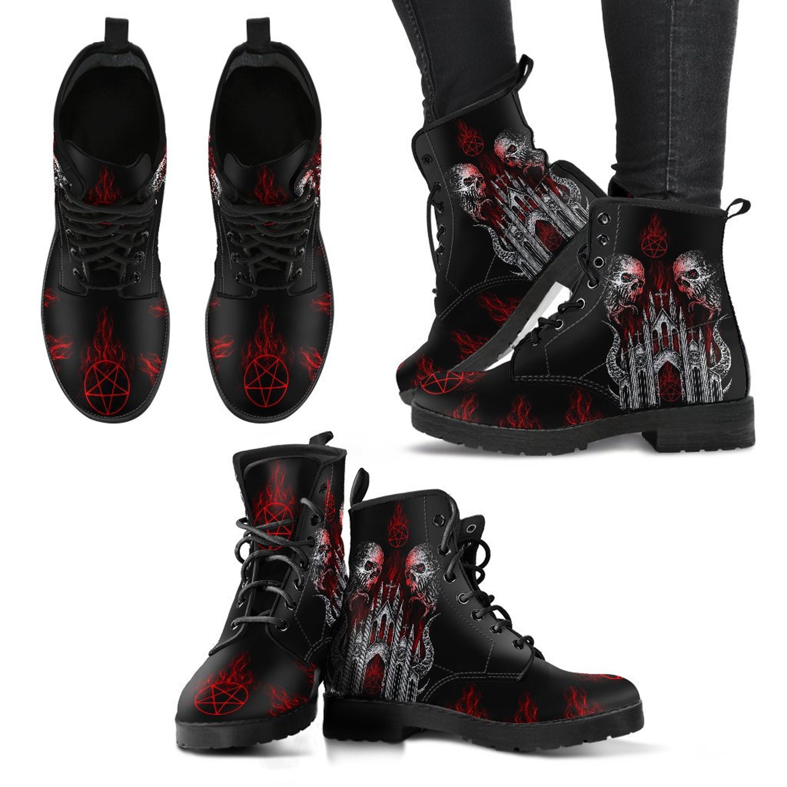 Skull Demon Satanic Pentagram Church Flame Leather Boots-skull - Etsy