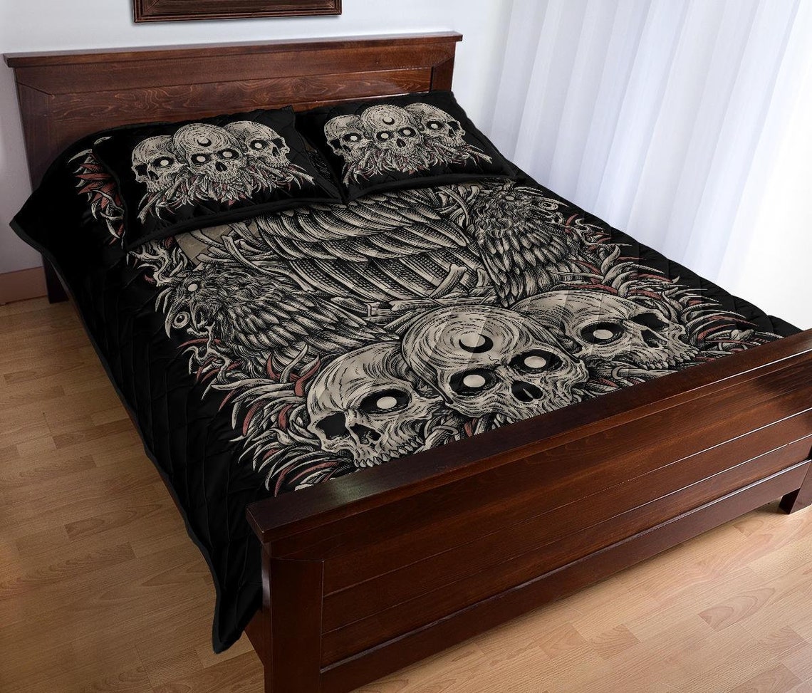 Skull Goth Occult Crow Quilt 3 Piece Bed Set Color Version-occult Goth ...
