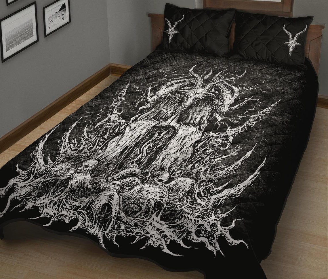 Skull Satanic Goat Quilt 3 Piece Bed Set Black And White | Etsy