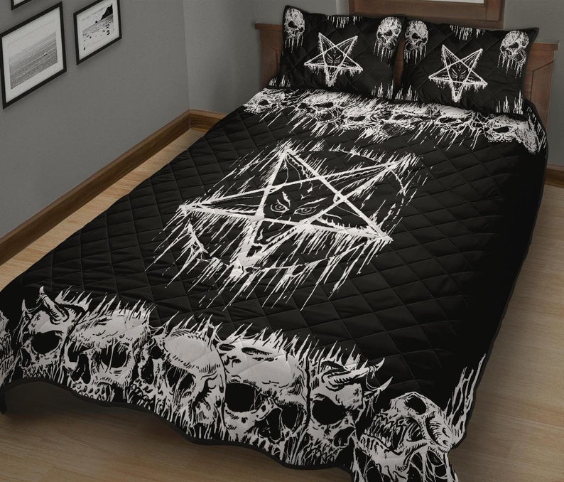 Skull Satanic Pentagram Drip Quilt 3 Piece Bed Set-satanic Pentagram ...