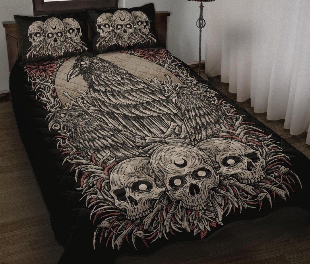 Skull Goth Occult Crow Quilt 3 Piece Bed Set Color Version-occult Goth ...