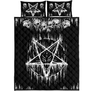 Skull Satanic Pentagram Drip Quilt 3 Piece Bed Set-satanic Occult Goth ...