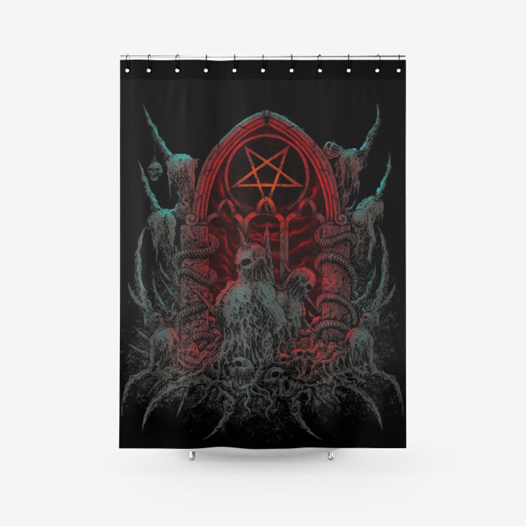 Skull Skeleton Satanic Flame Pentagram Shrine Textured Fabric Shower ...