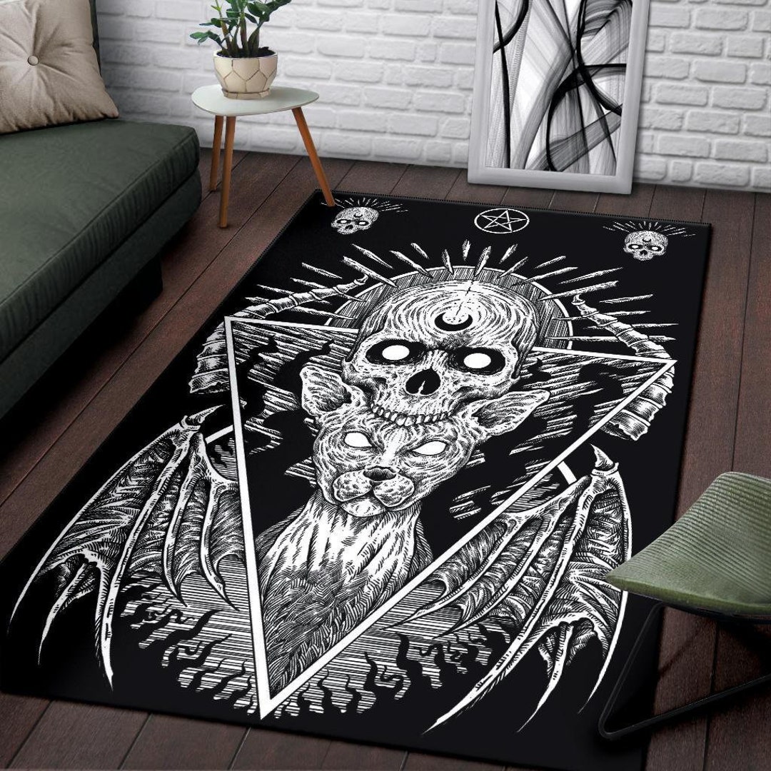 Gothic Occult Skull Demon Cat Pentagram Area Rug-gothic Skull Cat Rug ...