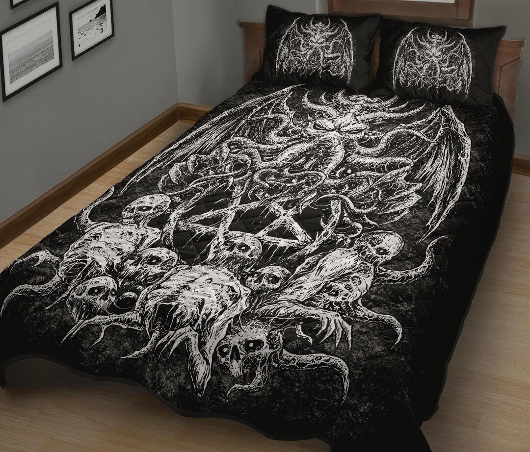 Skull Skeleton Satanic Pentagram Demon Octopus Quilt 3 Piece Bed Set ...