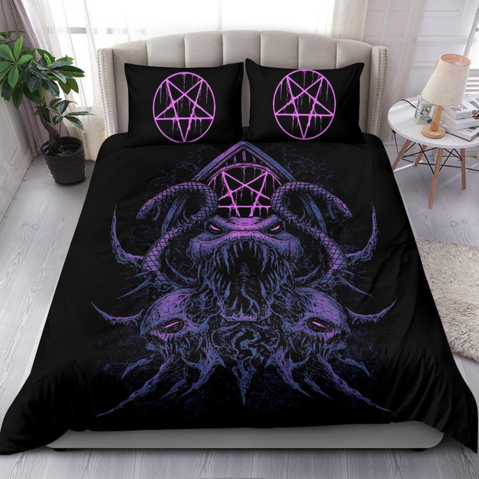 Skull Demon Serpent Satanic Pentagram 3 Piece Duvet Set Night Blue Pink ...