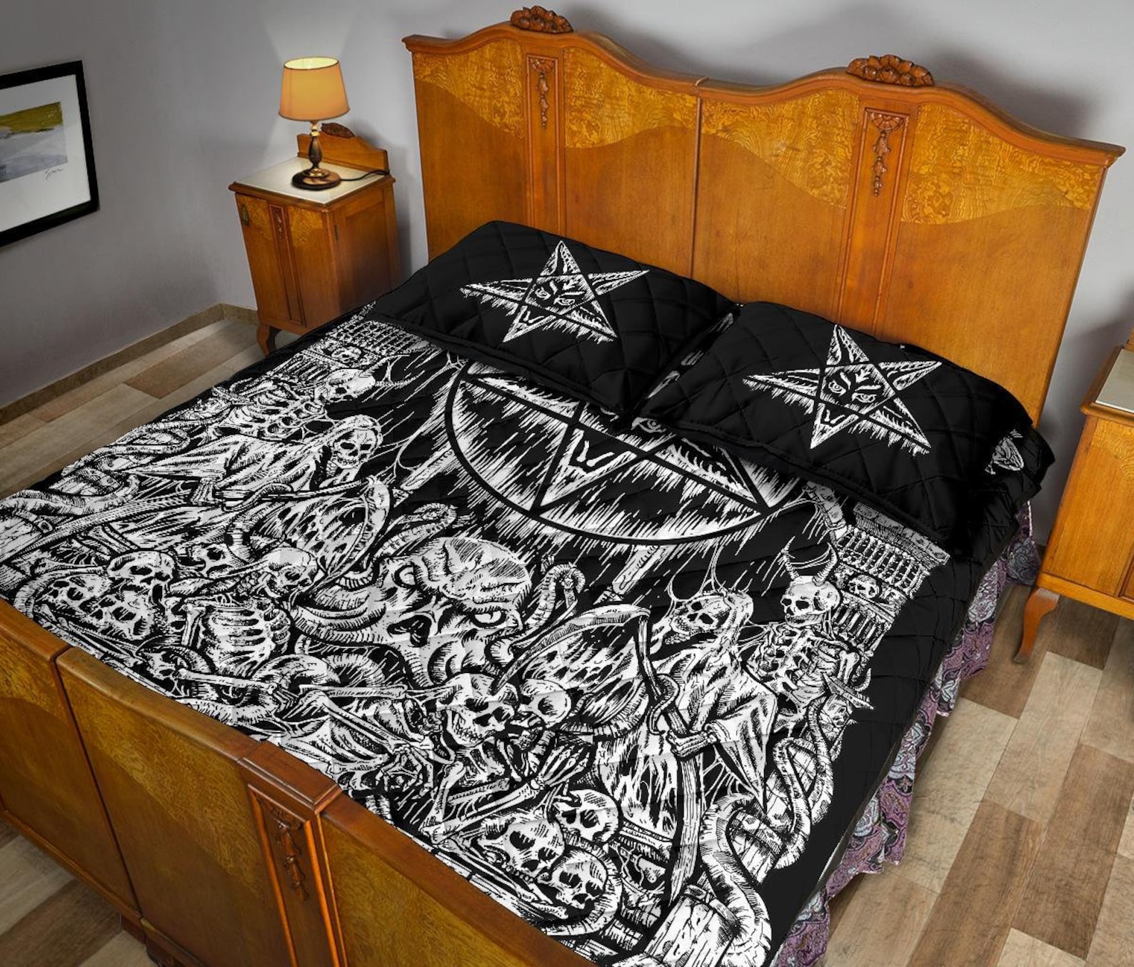 Skull Skeleton Satanic Pentagram Shrine Quilt 3 Piece Bed Set-satanic ...