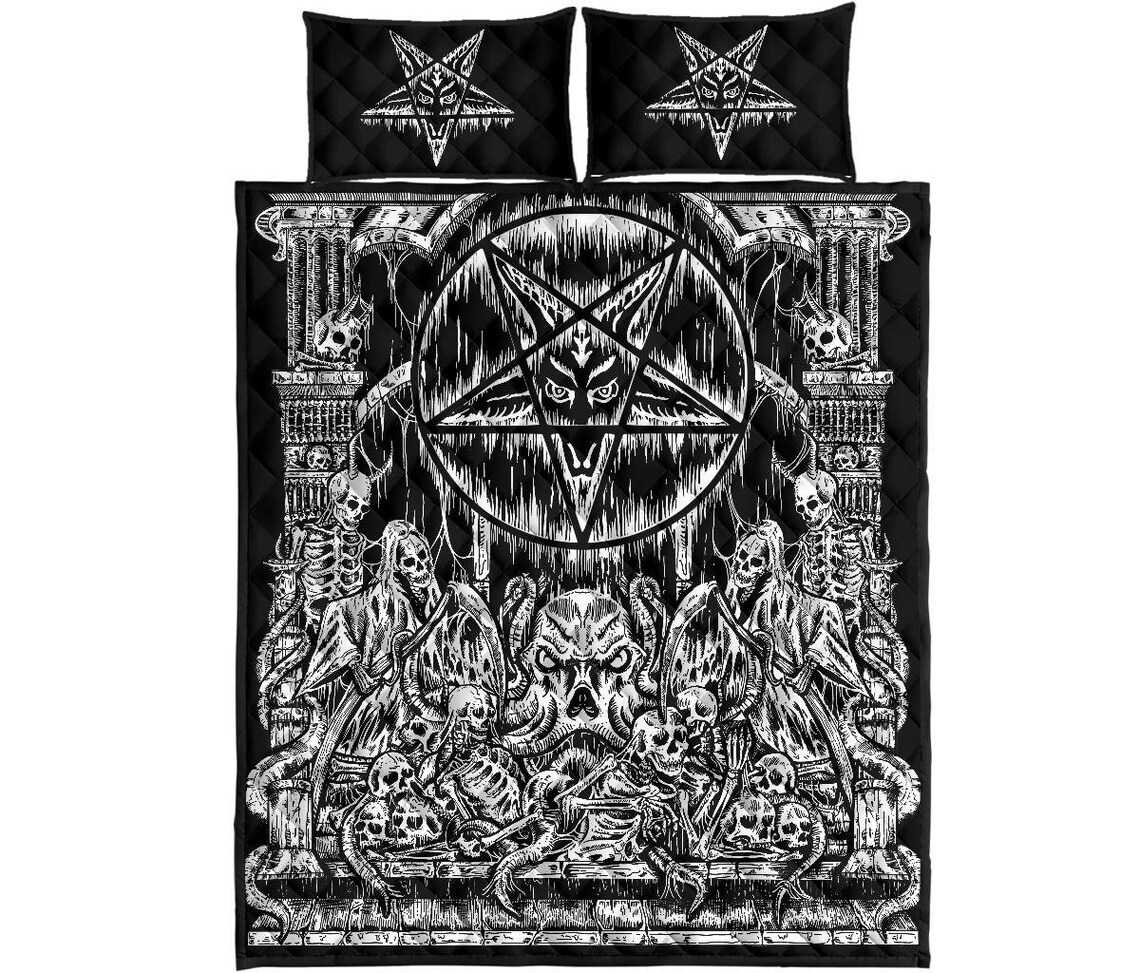 Skull Skeleton Satanic Pentagram Shrine Quilt 3 Piece Bed Set-satanic ...