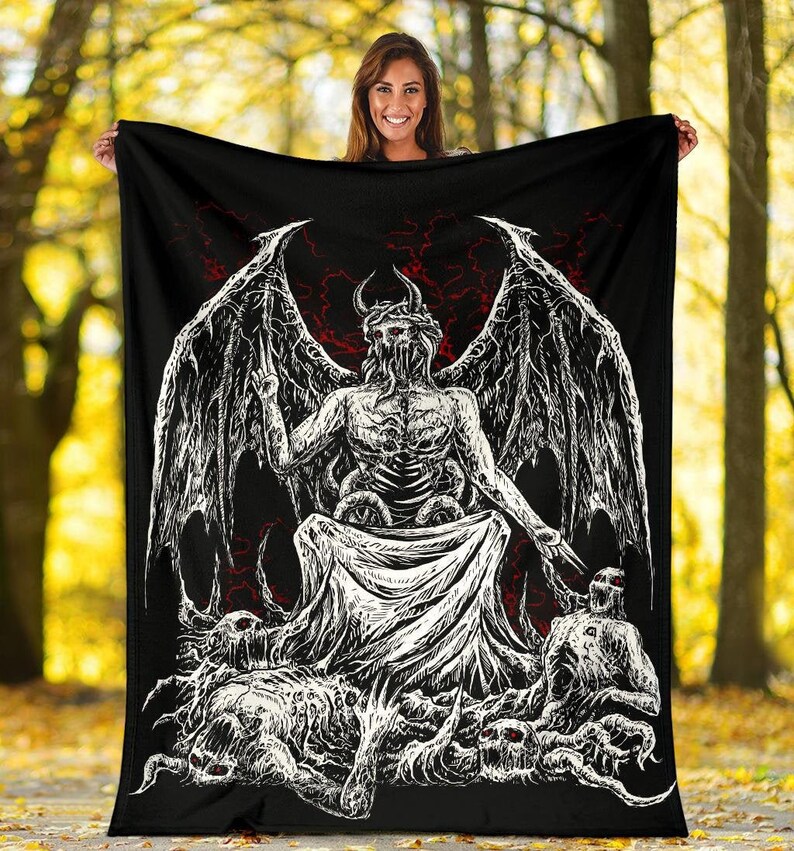 Skull Skeleton Satanic Bat Wing Demon God Blanket Black and White With ...