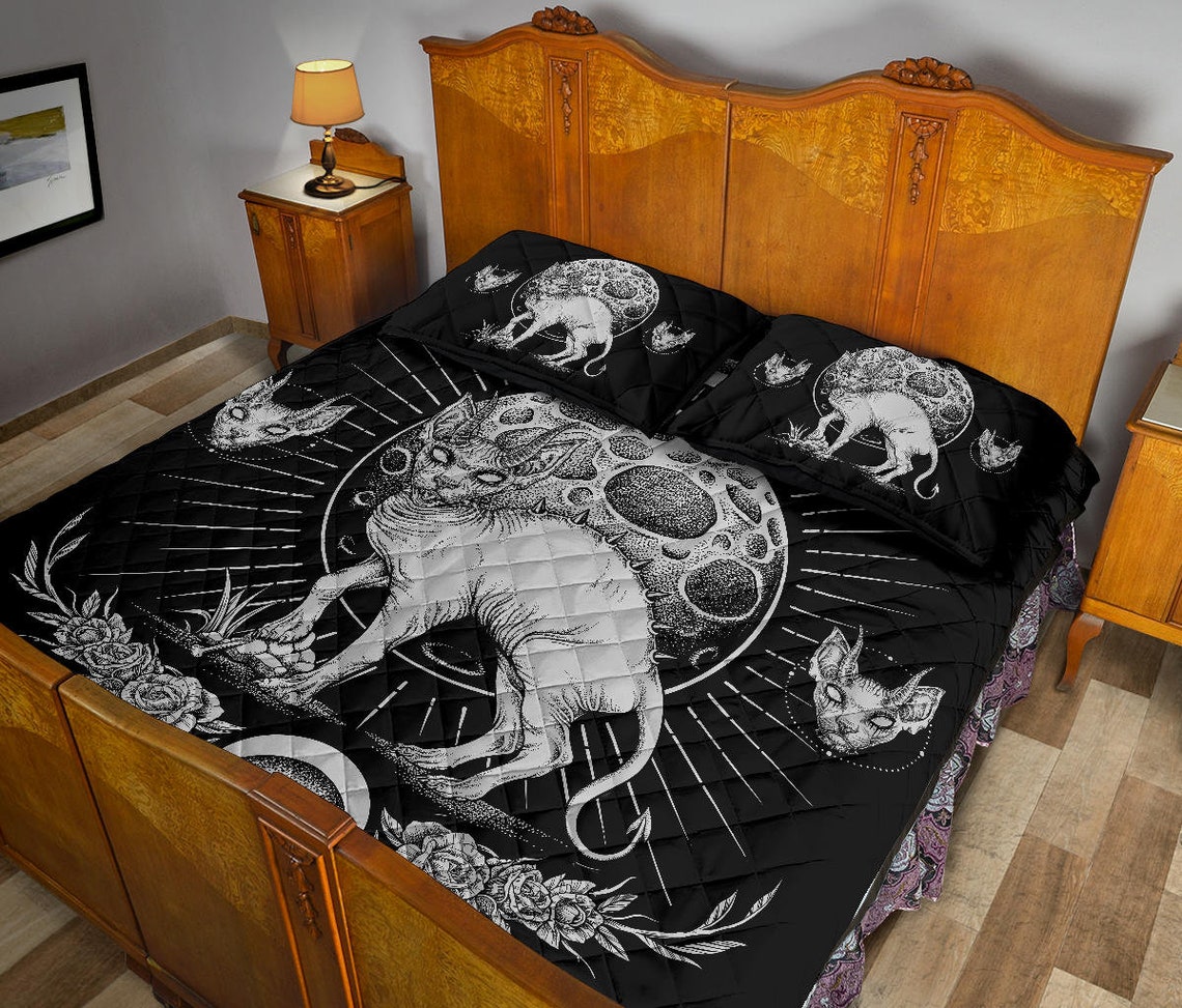 Gothic Occult Black Cat Unique Sphinx Style 3 Piece Quilt Set Black and ...