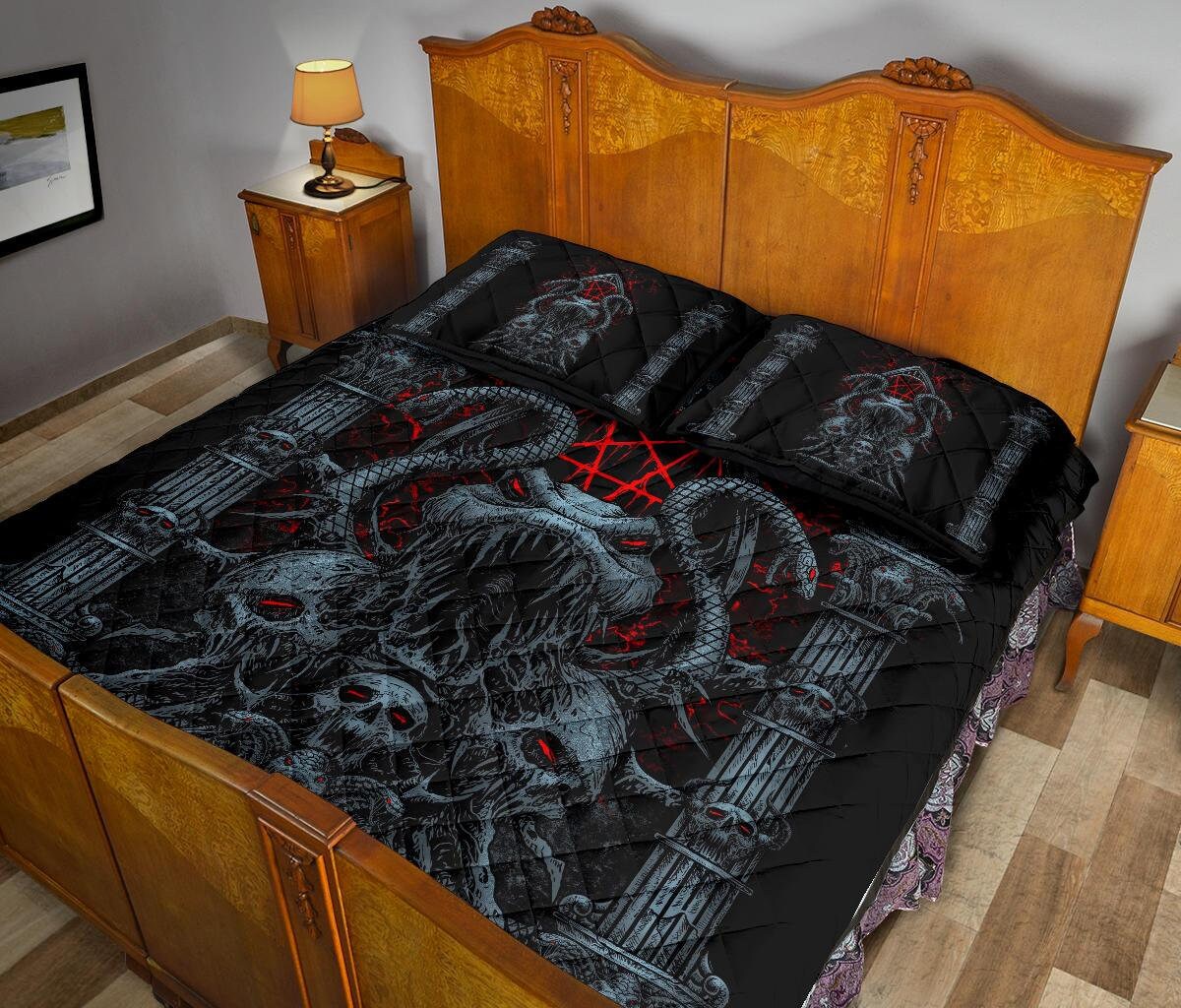 Skull Satanic Pentagram Serpent Gate Shrine Quilt 3 Piece Set-gothic ...