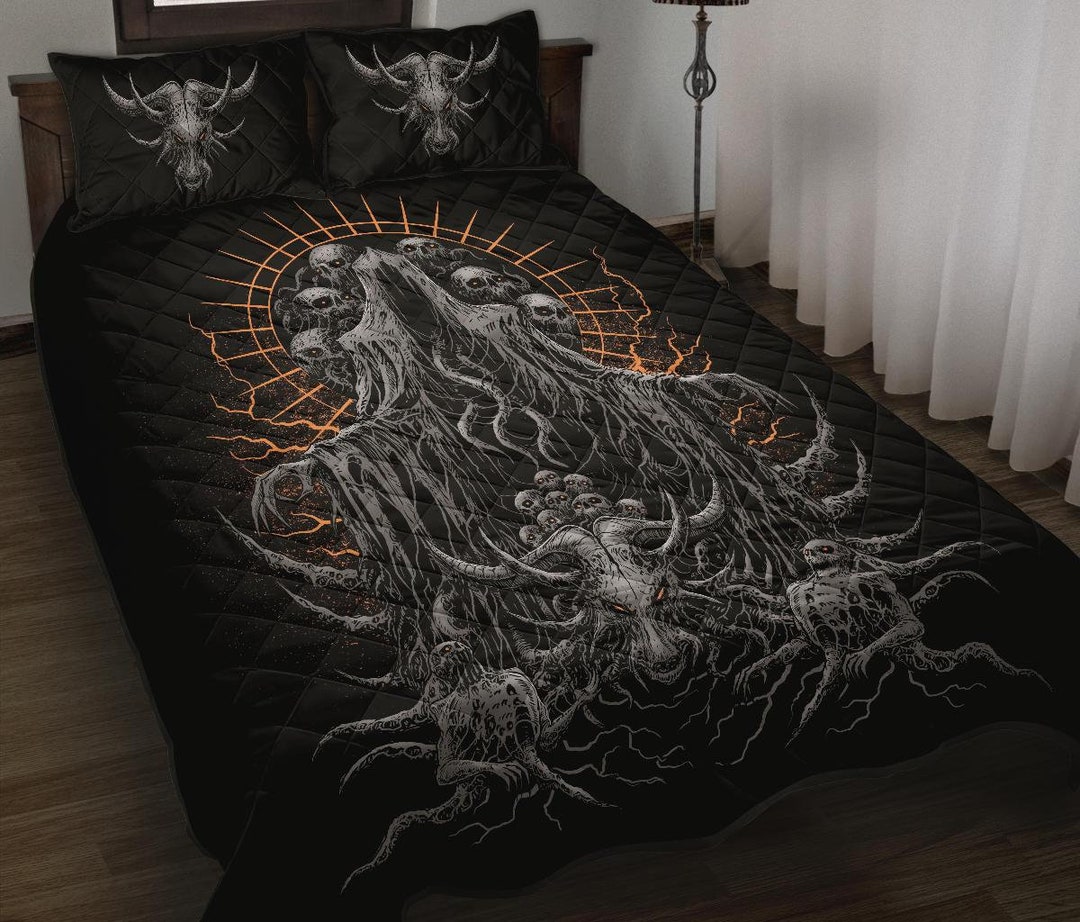 Skull Goth Skeleton Satanic Goat Hooded Demon Quilt 3 Piece Set Dark ...