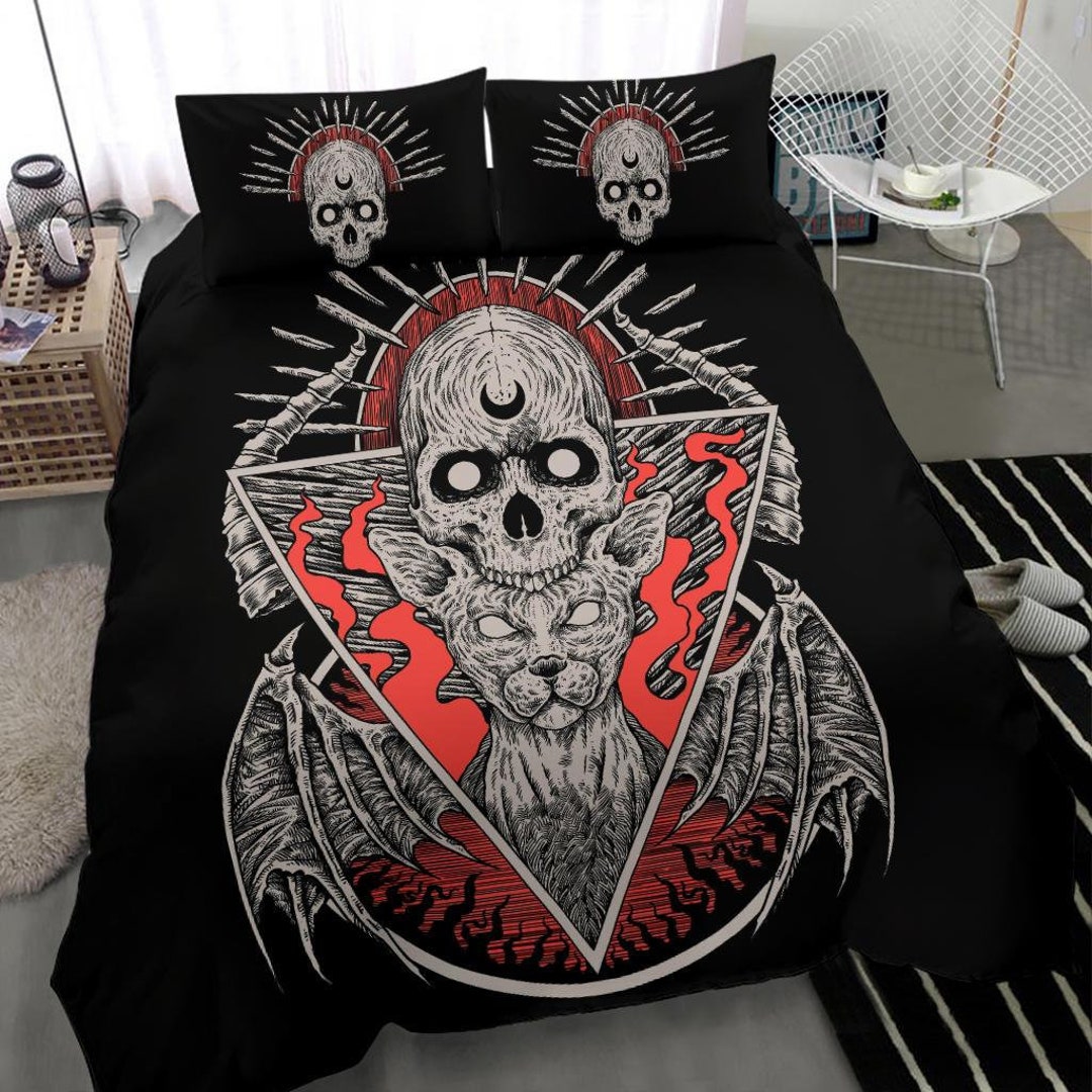 Gothic Skull Demon Cat 3 Piece Duvet Set-gothic Satanic Decor-gothic ...