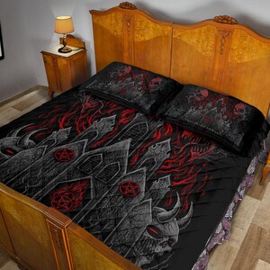 New! Skull Demon Satanic Pentagram Church Flame 3 Piece Quilt Red Flame ...