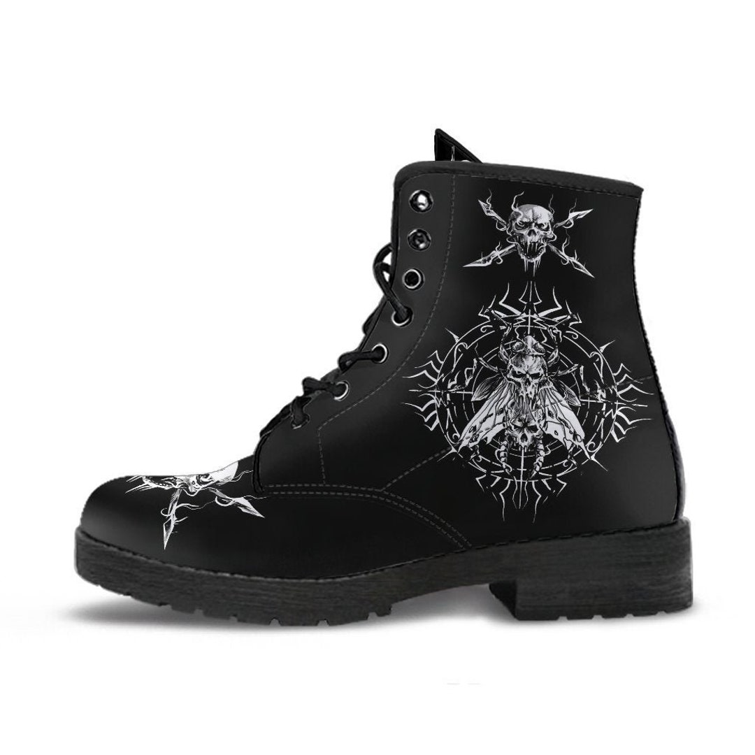 Skull Goth Evil Fly Leather Boots Small Fly Version Black and White ...