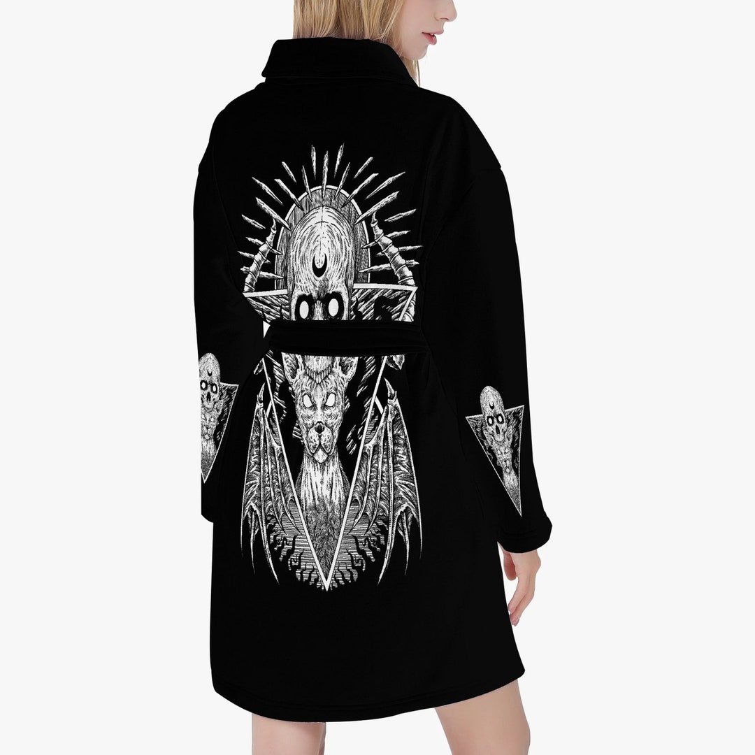 Skull Occult Batwing Goth Cat Women's Loose-fitting Bathrobe Black and ...