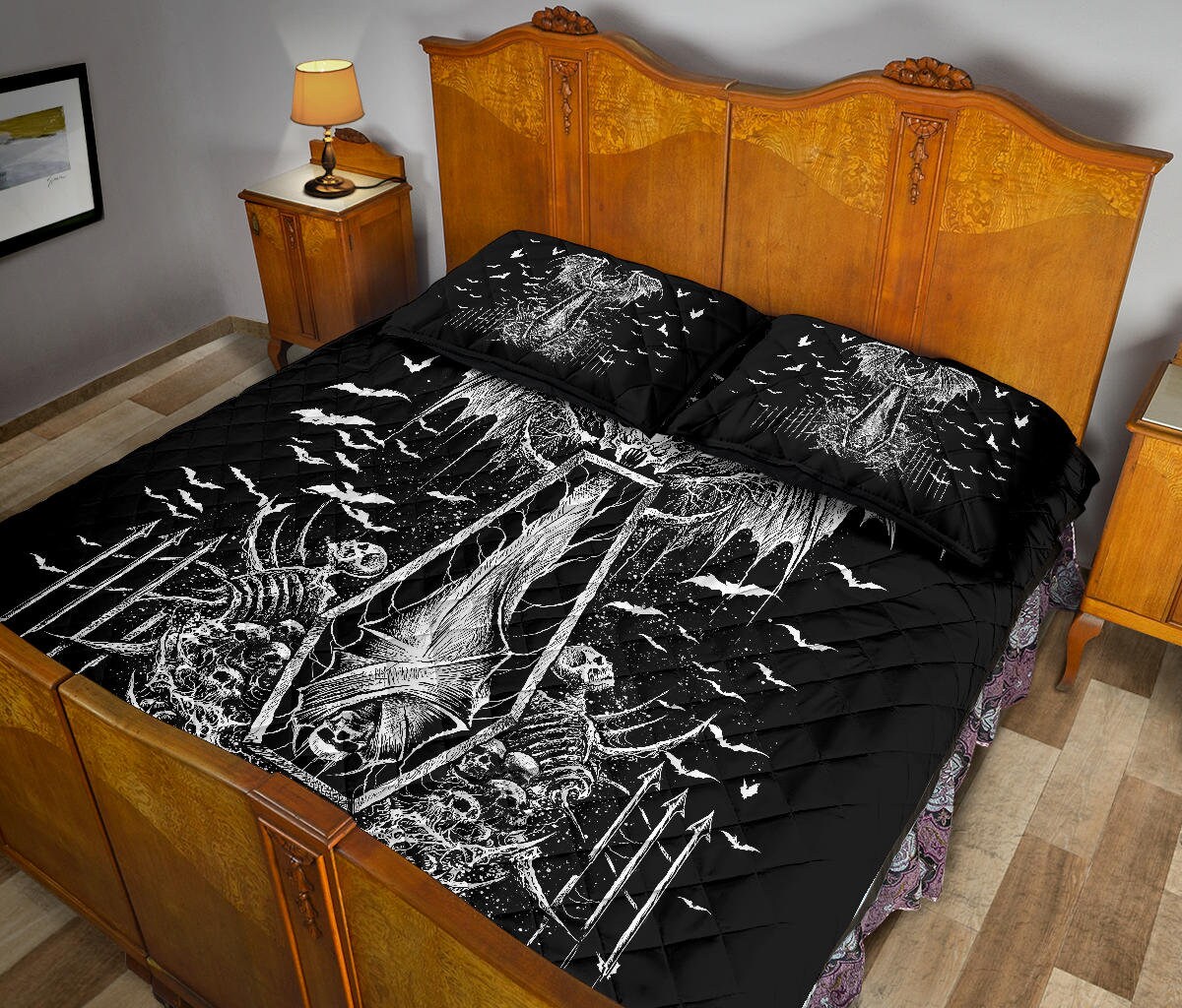 Skull Batwing Skeleton Coffin Shroud 3 Piece Quilt Set Black and White ...