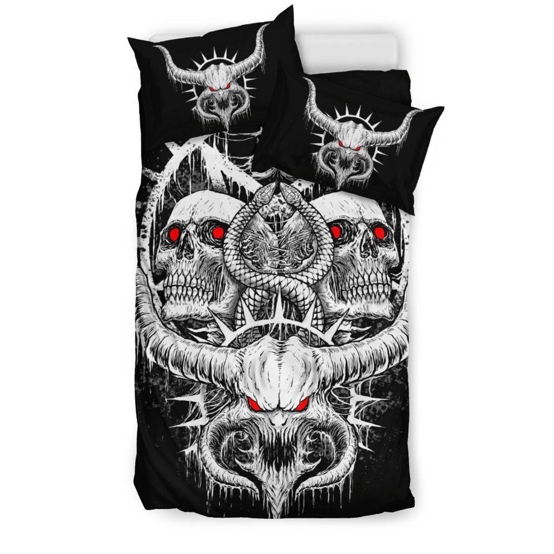Skull Satanic Demon Serpent 3 Piece Duvet Set Black and White Red Eye ...