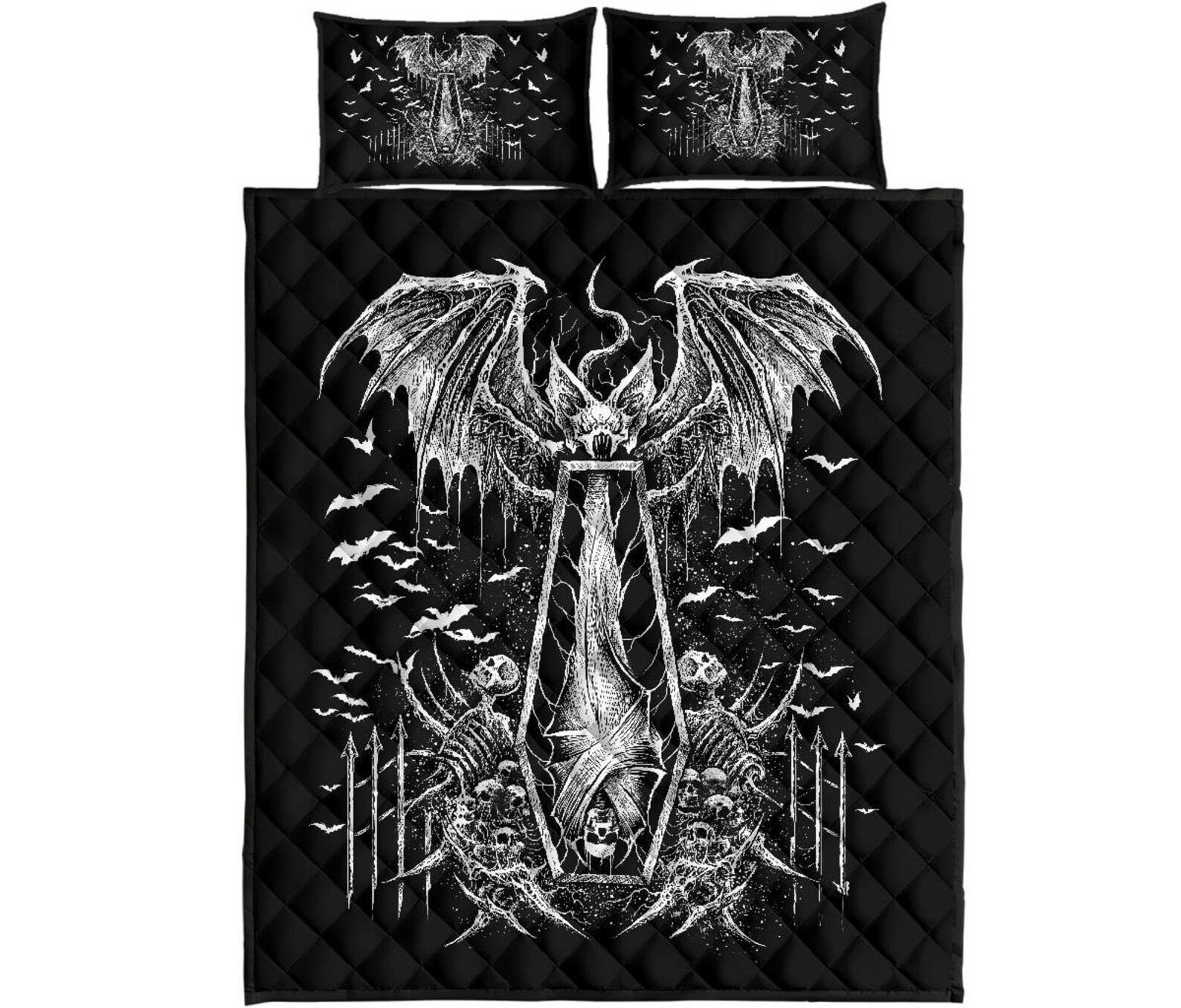 Skull Batwing Skeleton Coffin Shroud 3 Piece Quilt Set Black - Etsy