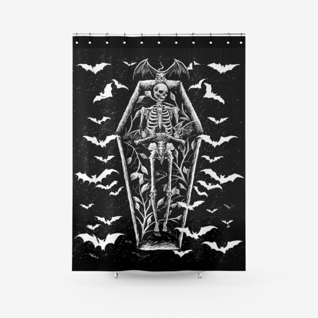 Bat Skull Skeleton Coffin Shrine Textured Fabric Shower Curtain-skull ...