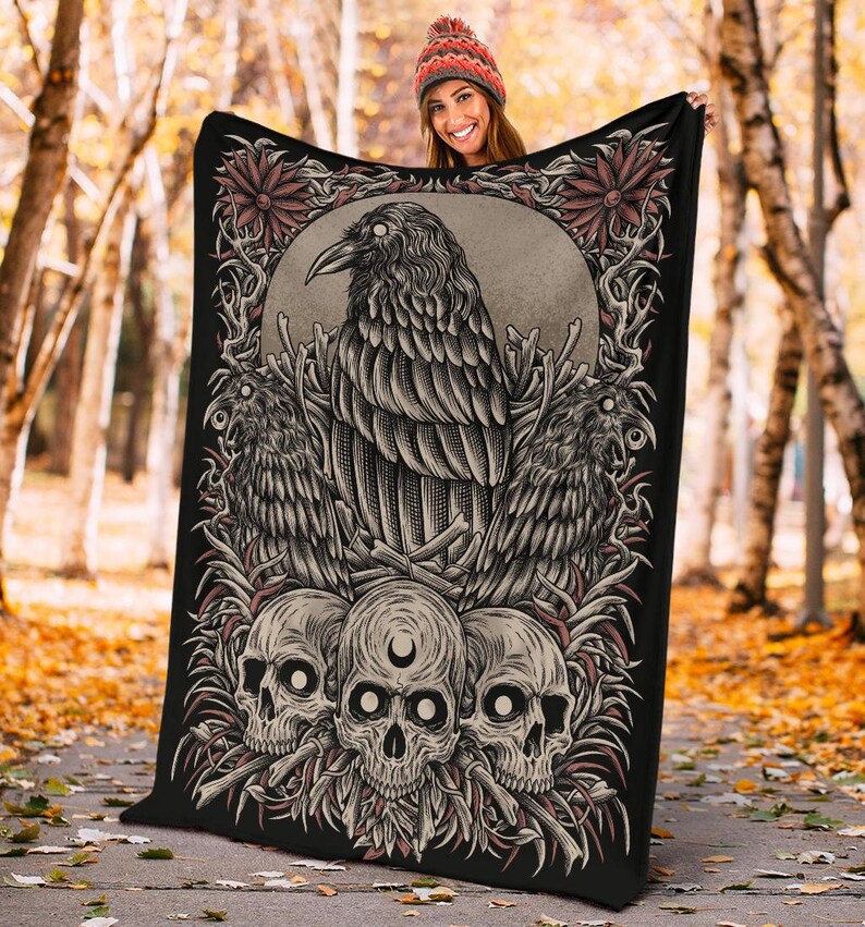 Skull Gothic Occult Crow Blanket Color Version-goth Occult - Etsy