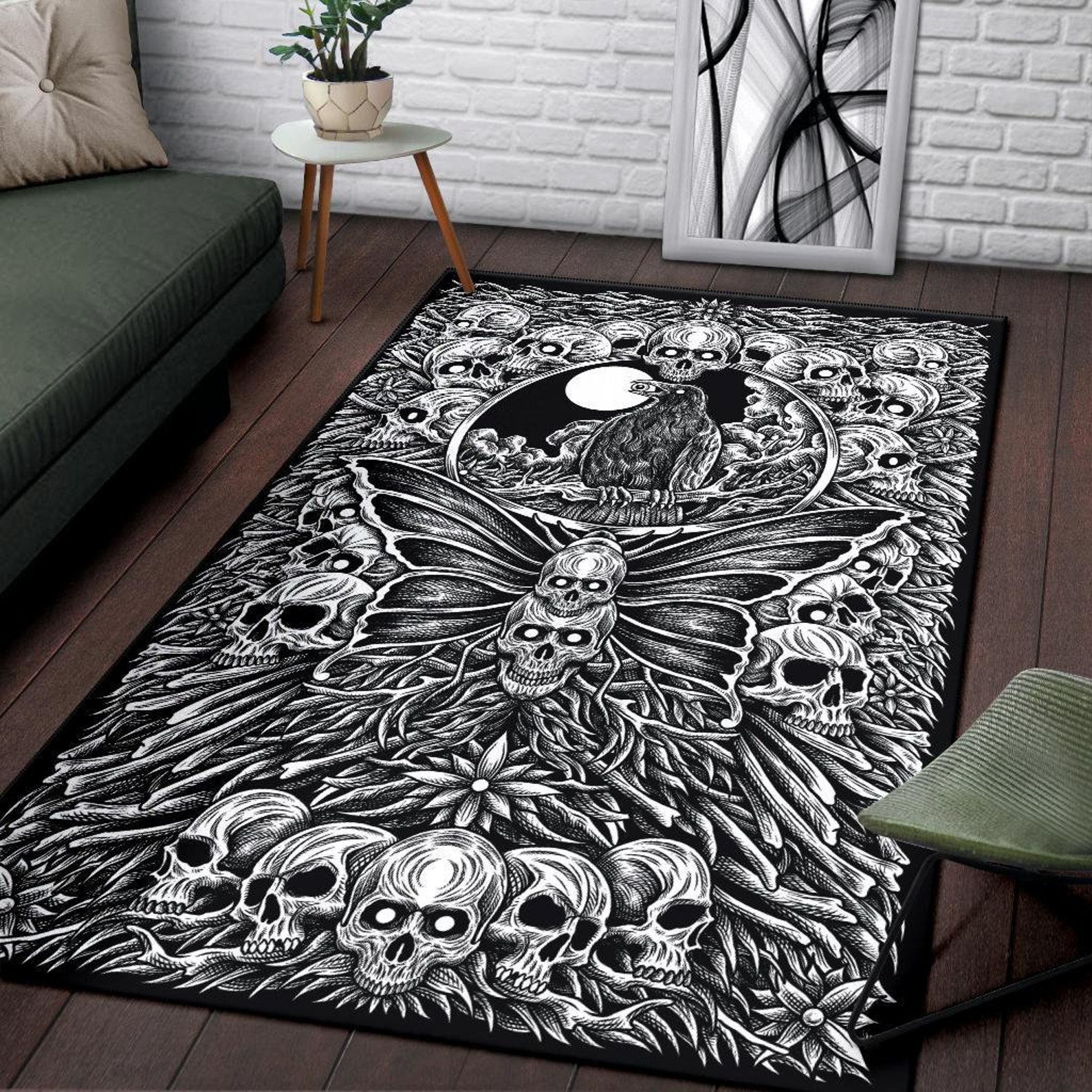 Skull Occult Crow Moth Area Rug Black and White Version-skull - Etsy
