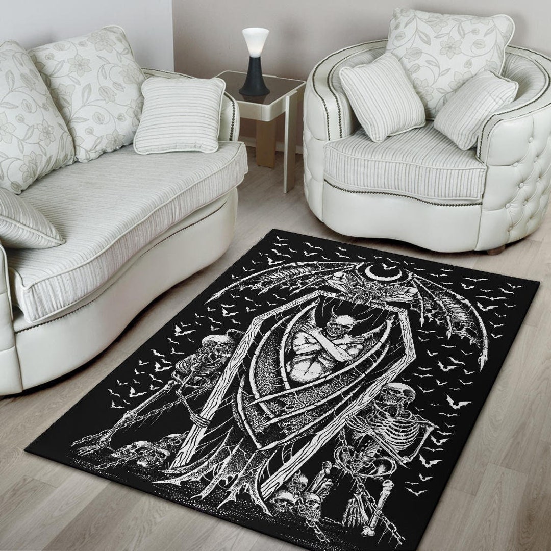 Skull Skeleton Chain Wicked Bat Shroud Area Rug Black and White-goth ...