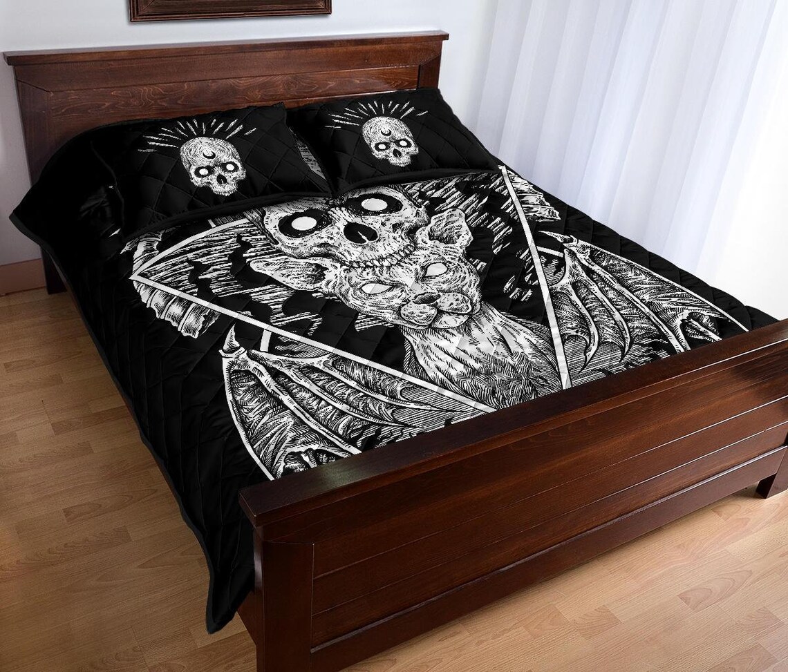 Gothic Quilt Skull Bat Wing Cat 3 Piece Bed Set Black And | Etsy