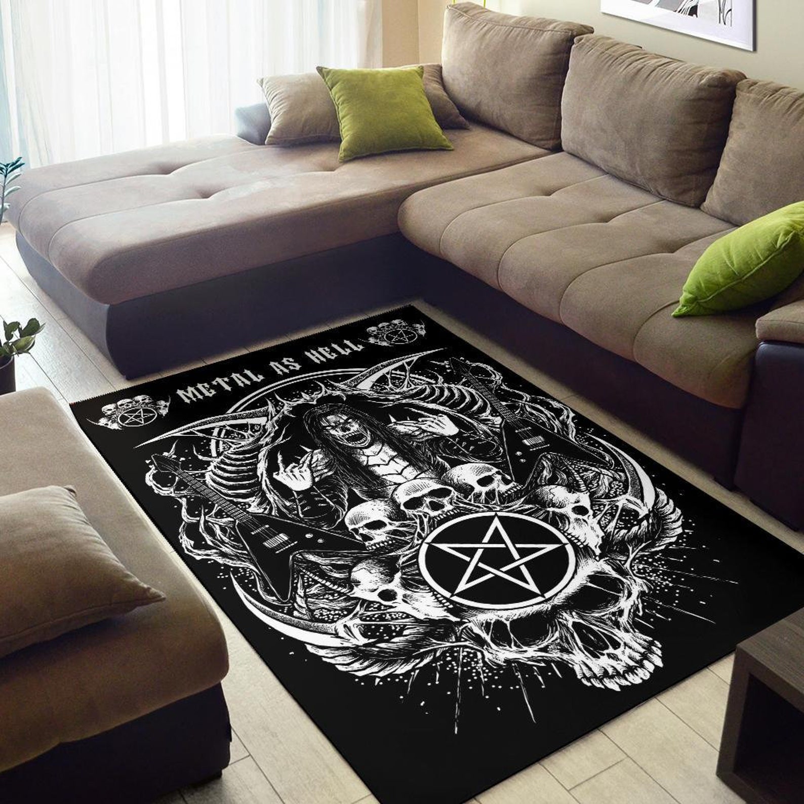 Skull Inverted Pentagram Guitar Metal Head Area Rug-heavy Metal Room ...