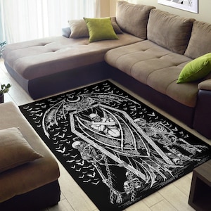 Skull Skeleton Chain Wicked Bat Shroud Area Rug Black and White-goth ...