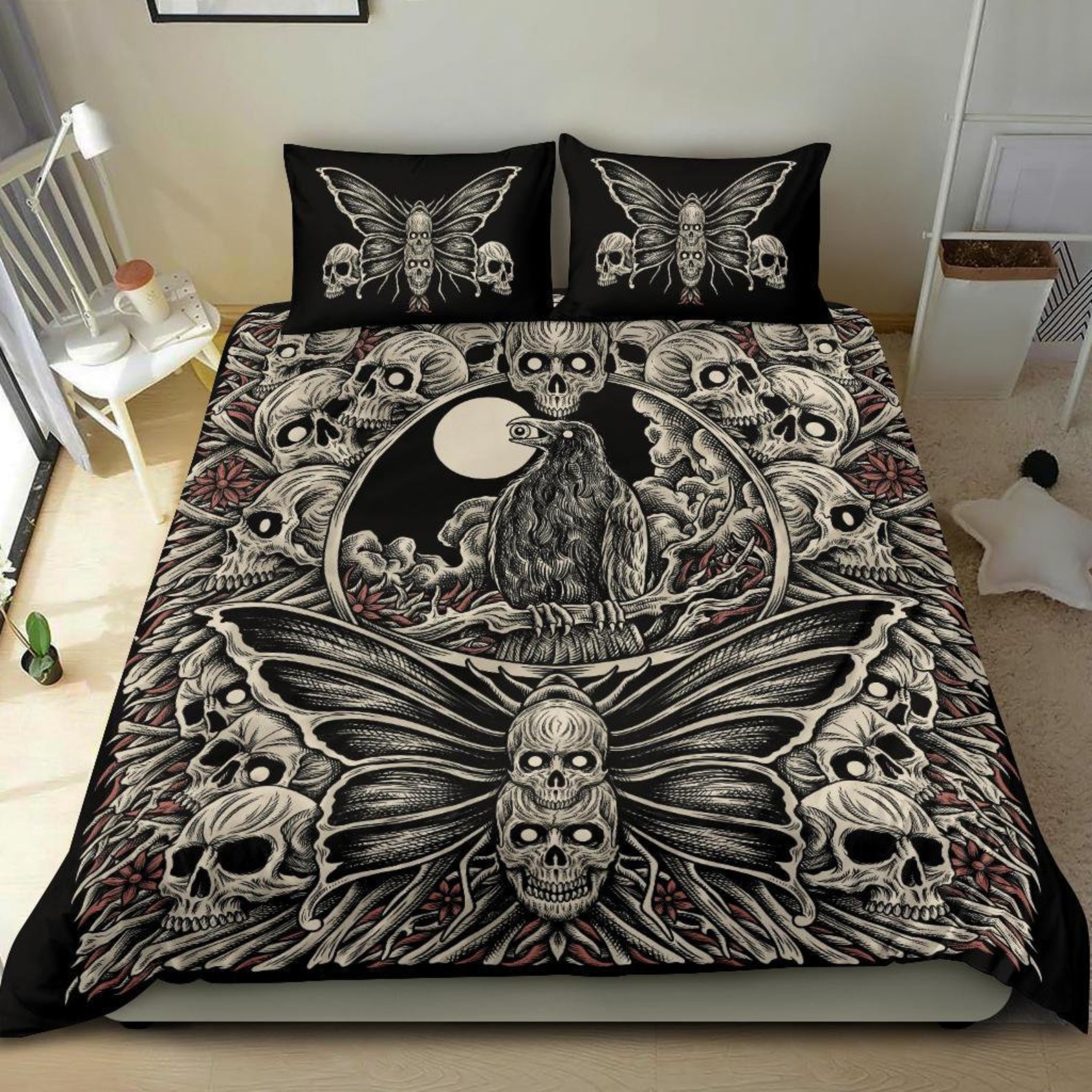 Skull Occult Raven Crow Moth 3 Piece Duvet Set Color - Etsy