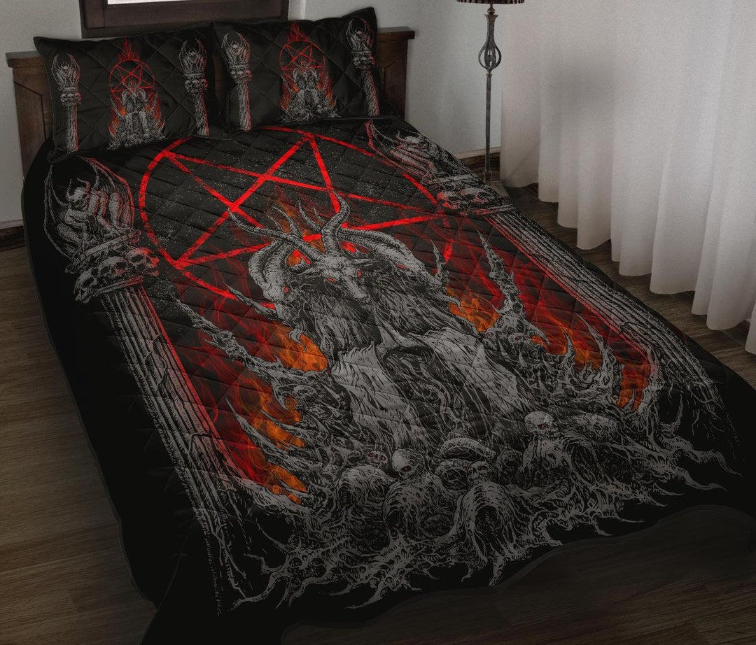 Skull Satanic Goat Satanic Pentagram Flame Quilt 3 Piece Set Silver ...