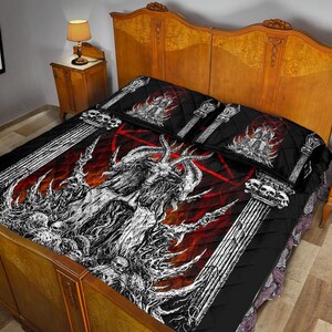 Skull Satanic Goat Satanic Pentagram Flame Quilt 3 Piece Bed Set ...