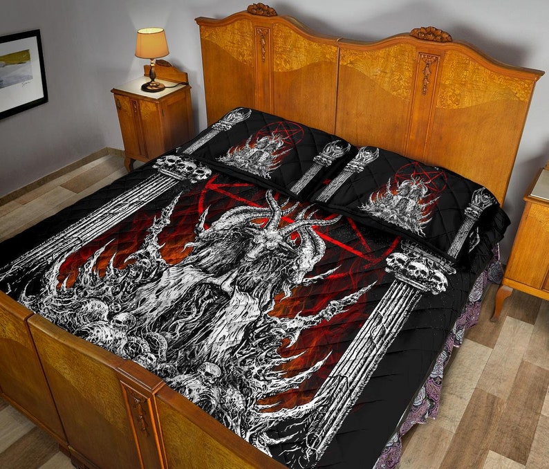 Skull Satanic Goat Satanic Pentagram Flame Quilt 3 Piece Bed Set ...