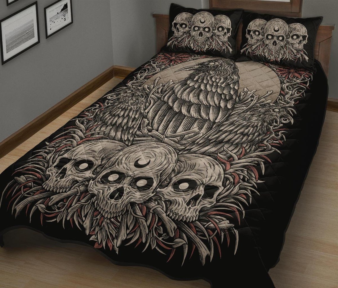 Skull Goth Occult Crow Quilt 3 Piece Bed Set Color Version-occult Goth ...